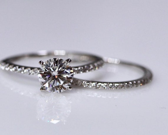 Round Moissanite Engagement Ring Set Eternity Band Ring | Etsy