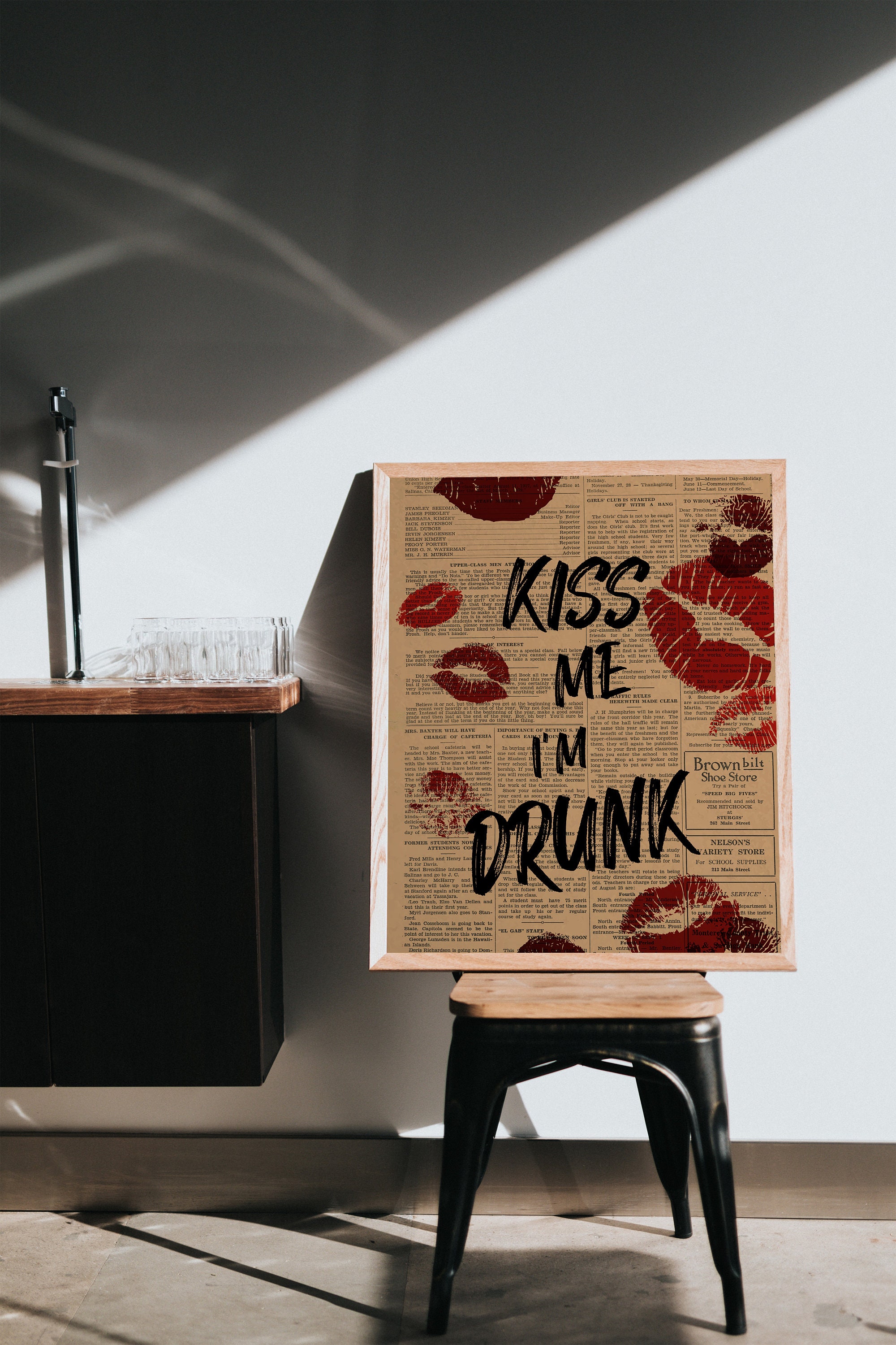 Kiss Me I Am Drunk Poster Print, Retro 70s Decor, Red Lips Poster ...