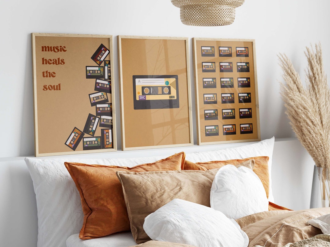 Music Art Set of 3, Retro Music Posters, Vintage Wall Decor, Cassette ...