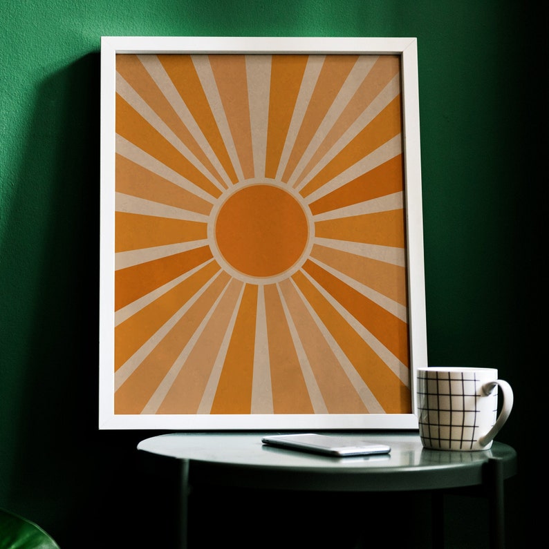 Retro Yellow Art, Sun Wall Art, Vintage Poster, 70s Wall Print, 70s ...