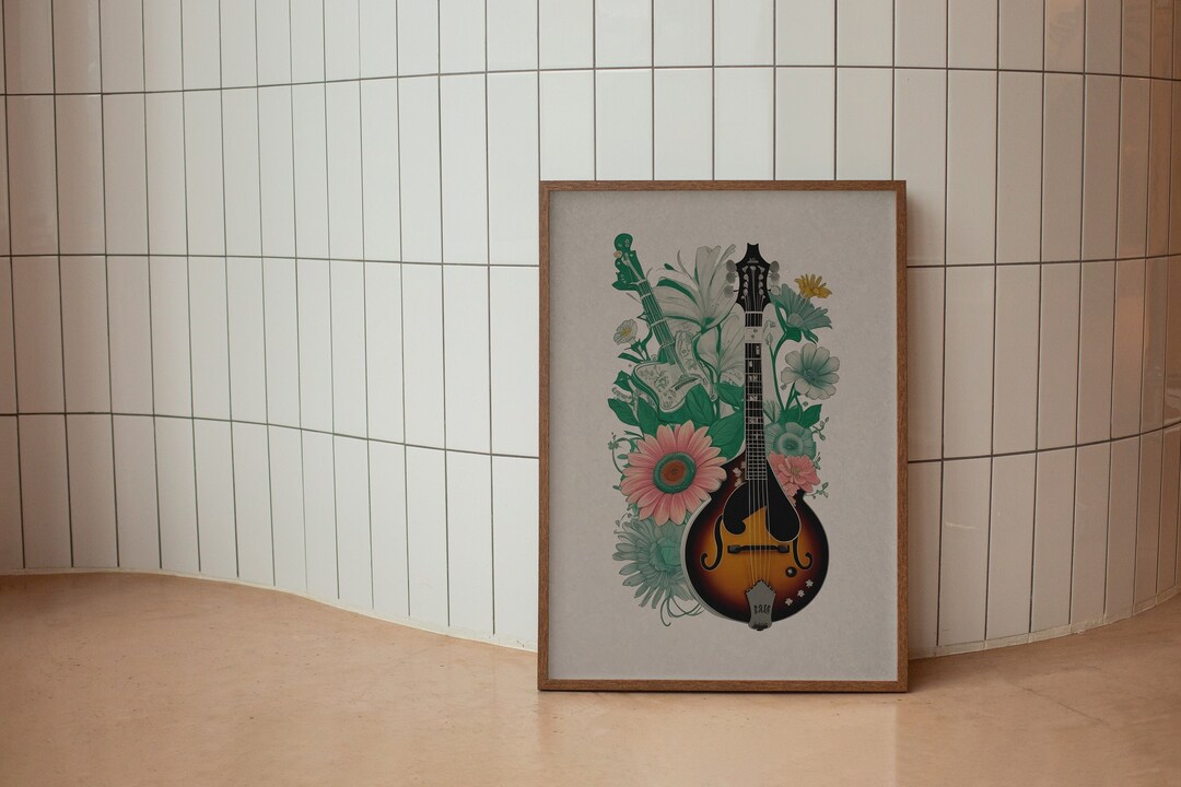 Retro Music Wall Art Print, Mandolin Art Print, Vintage Floral Poster ...