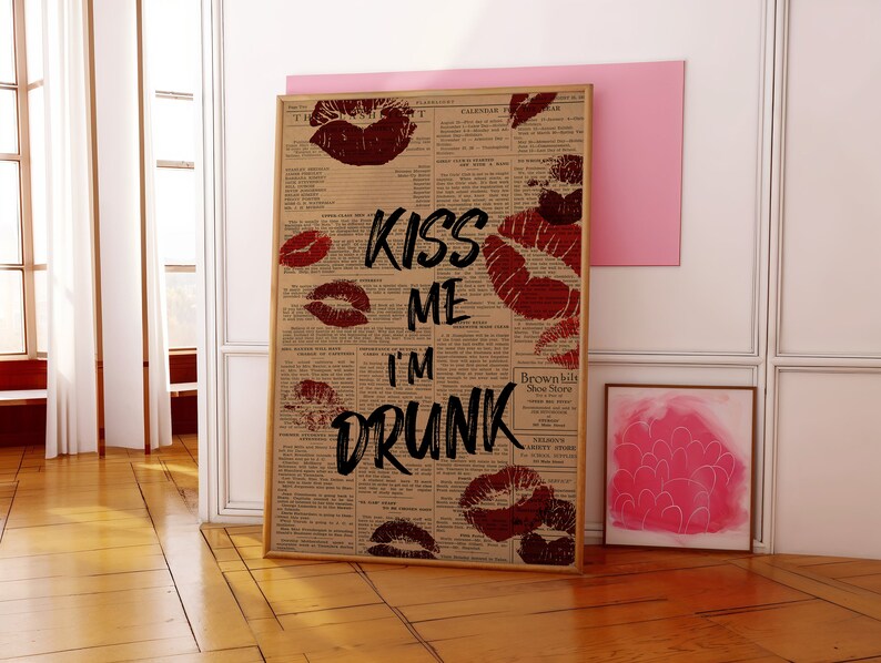 Kiss Me I Am Drunk Poster Print, Retro 70s Decor, Red Lips Poster ...
