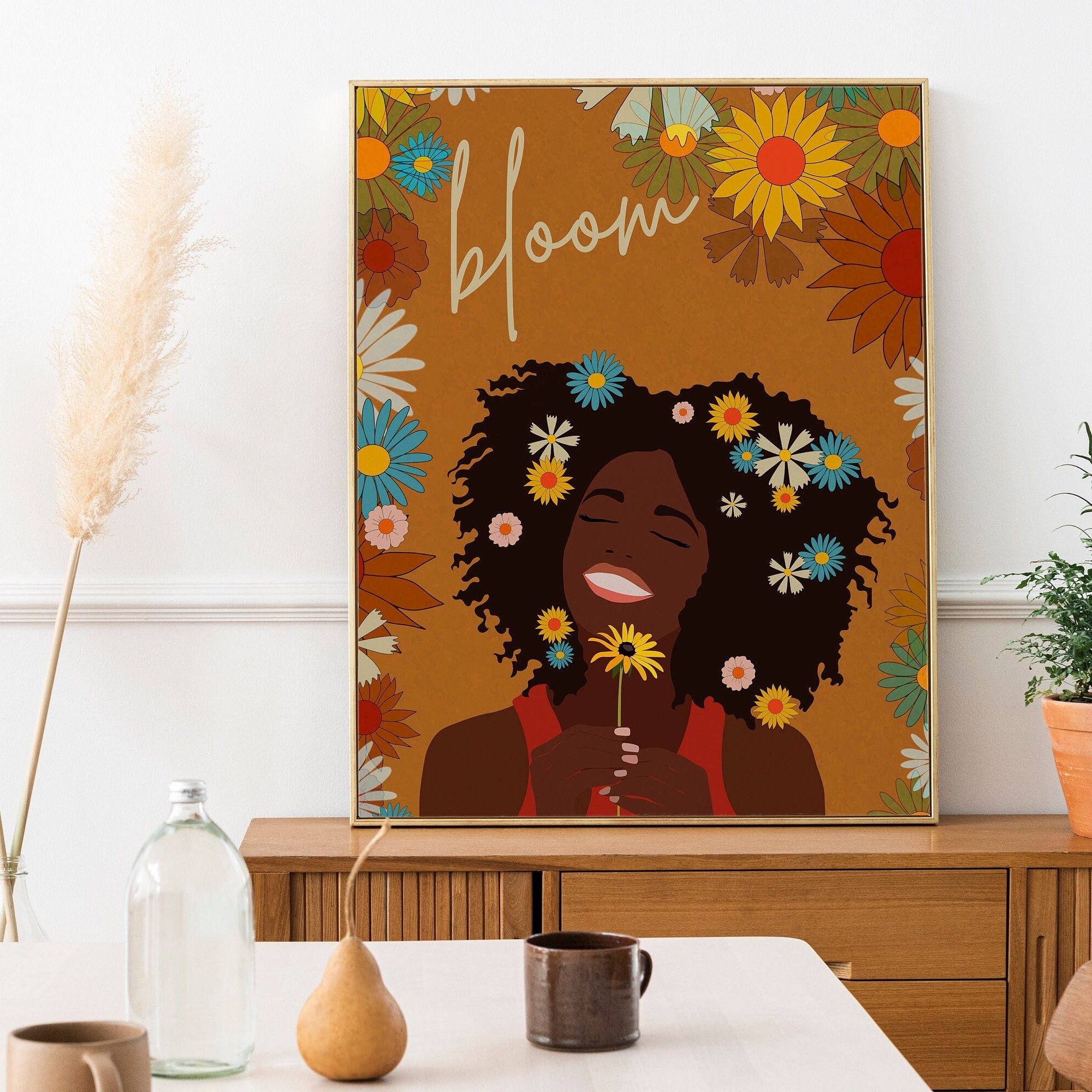 Flower Bloom Wall Art, Flower Child Art Print, Floral Art Prints, Black ...