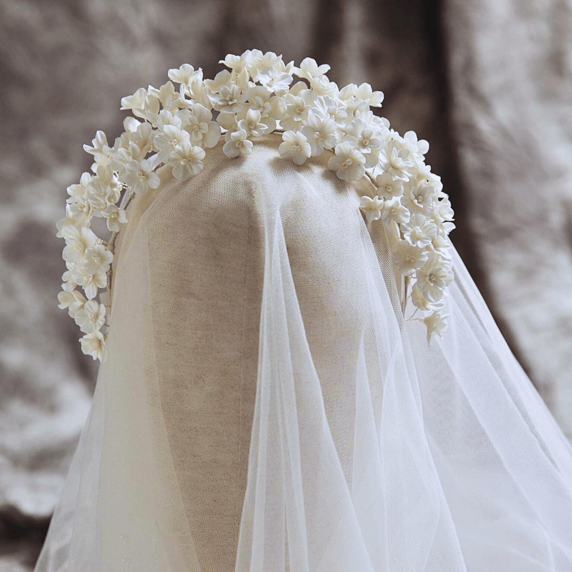 Floral Headband Bridal, White Clay Flower Headband, Wedding Hair ...