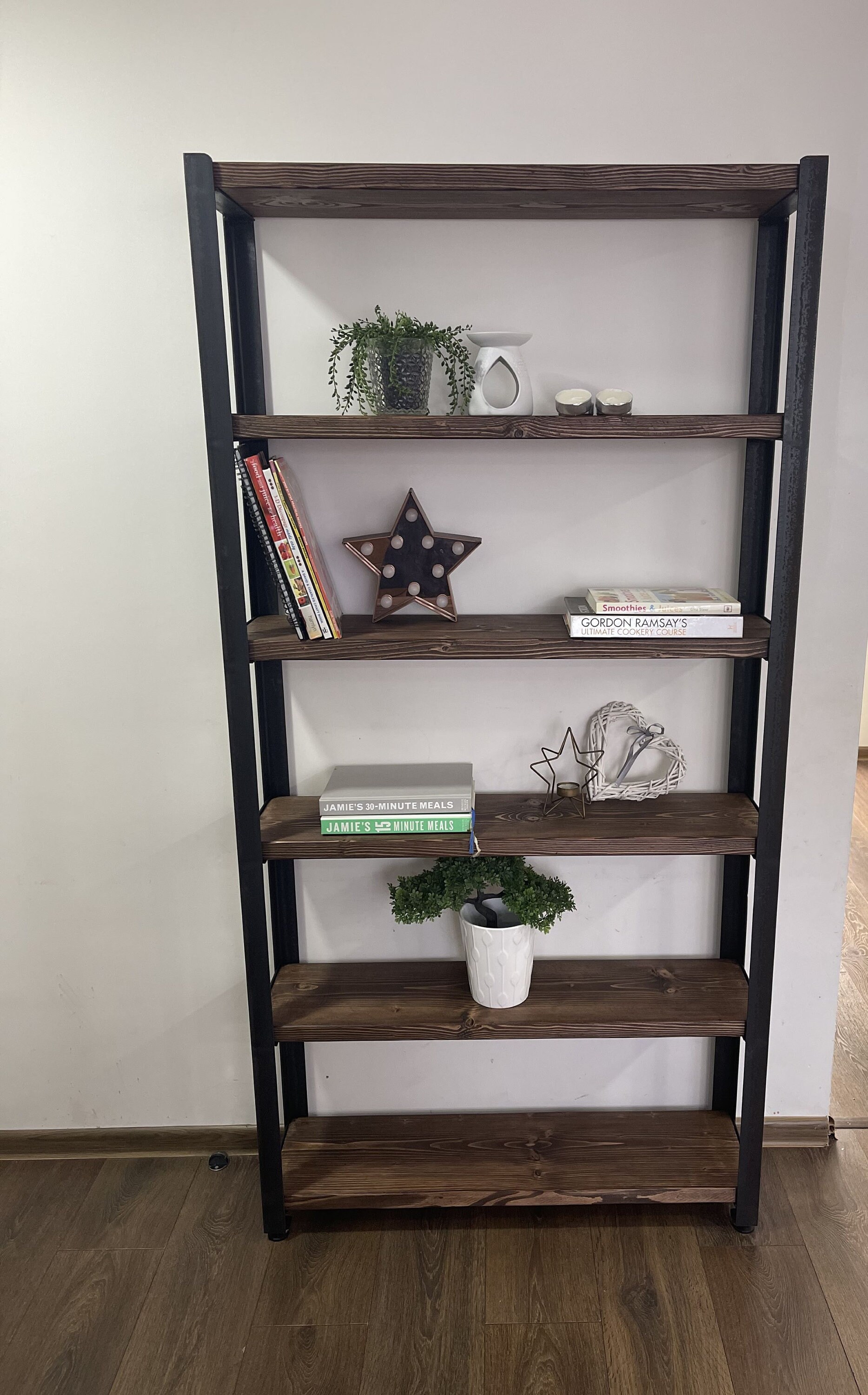6-tier Industrial Wood & Metal Shelving Unit: Solid Wood Shelves, Angle ...