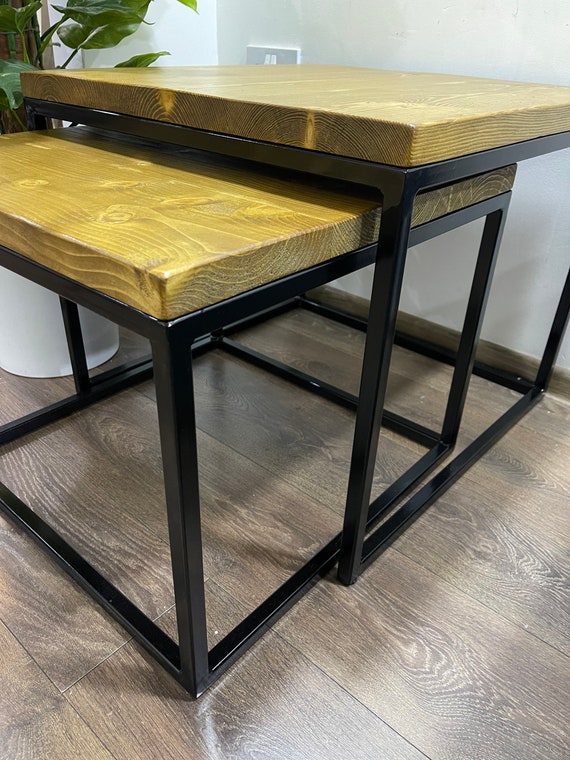 Buy Square Set of 2 Nest Tables Black Steel Frame Legs Reclaimed Solid Wood Nesting Coffee Table Industrial Rustic Farmhouse Various Size Online in India Etsy