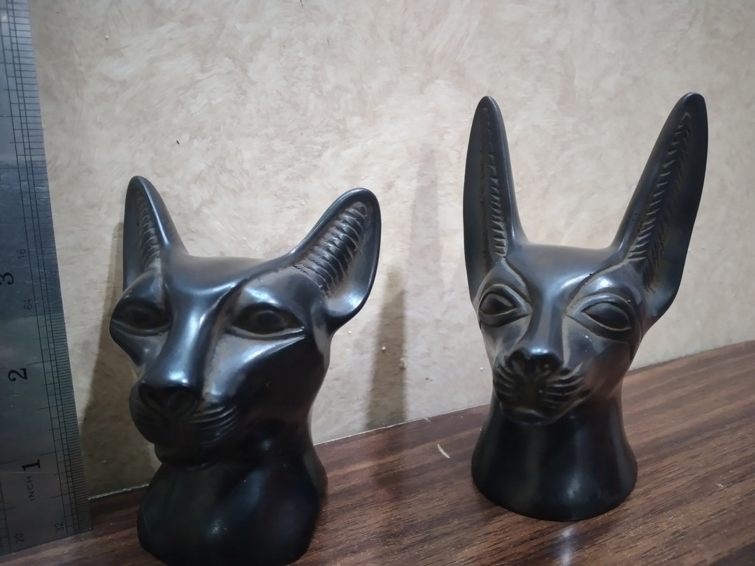 Goddess Bastet Cat Isis OR Ebros Anubis Egyptian God Head Black Basalt ...