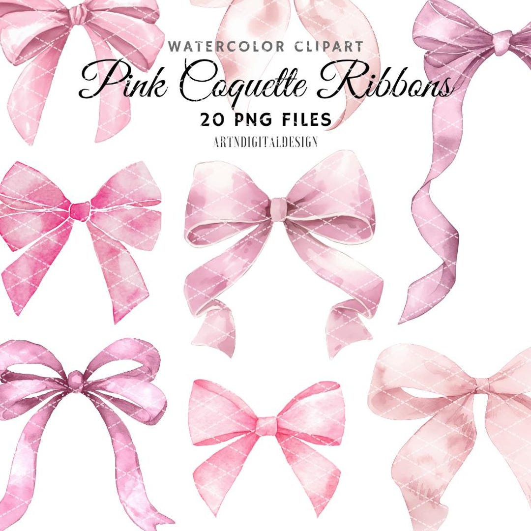 Watercolor Pink Coquette Ribbon Clipart: Soft Pastel Bow Graphics ...