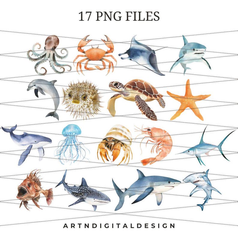 Watercolor Under the Sea Clip Art Sea Animals Clipart Set, PNG, Whale ...