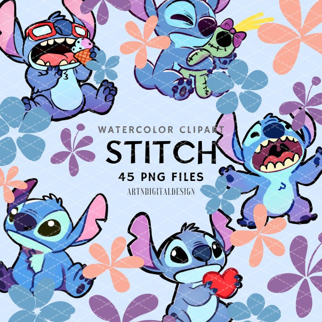Stitch Watercolor Line Art Clipart, Cute Stitch PNG + Digital Papers ...
