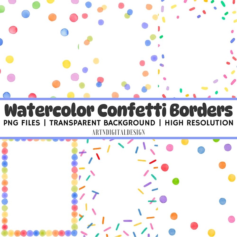 Watercolor Rainbow Confetti Clipart Borders, Colorful Rectangle and ...