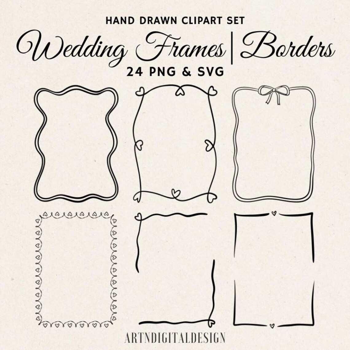 Hand Drawn Wedding SVG & PNG Borders for Invites, Clipart Bundle ...