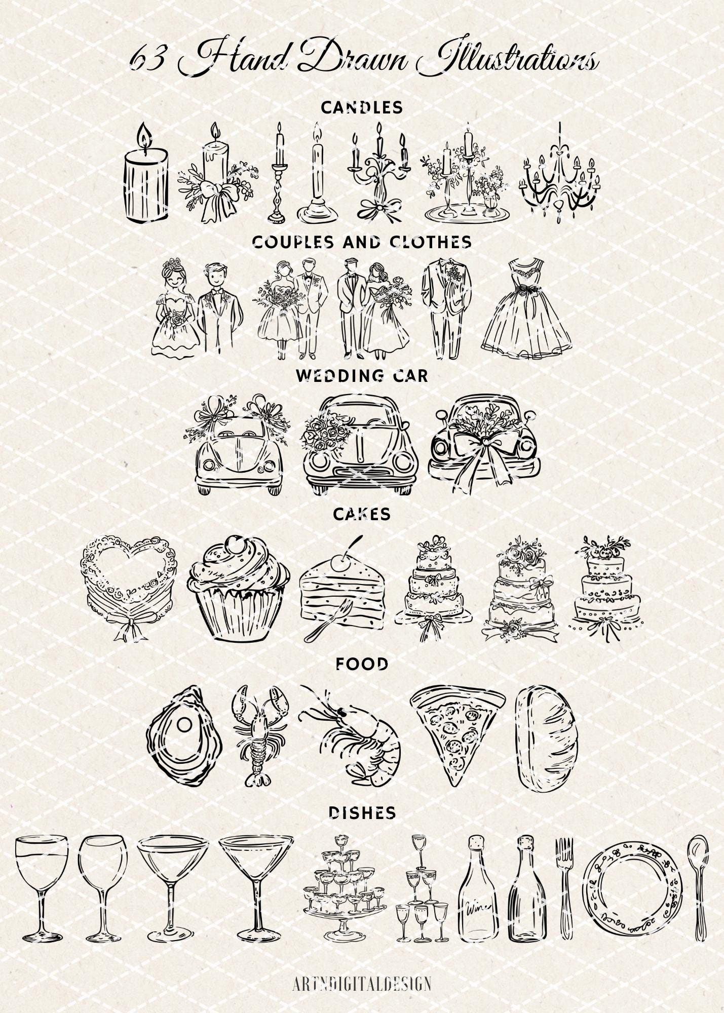 Whimsical Handdrawn Wedding SVG PNG Clipart Bundle, Illustrations for ...