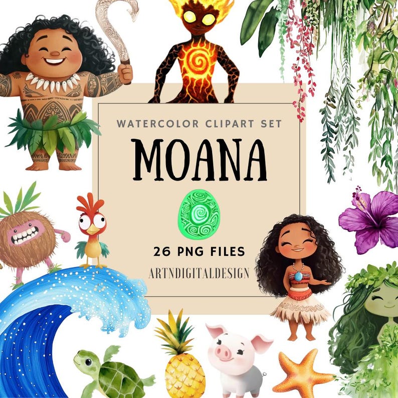 Watercolor Moana Clipart, Polynesian Nursery Cute Princess PNG, Maui ...