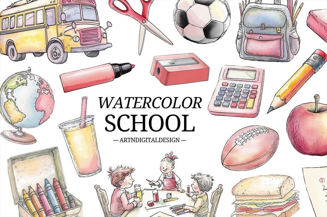 Watercolor School Clipart, Back to School Illustration Backpack ...