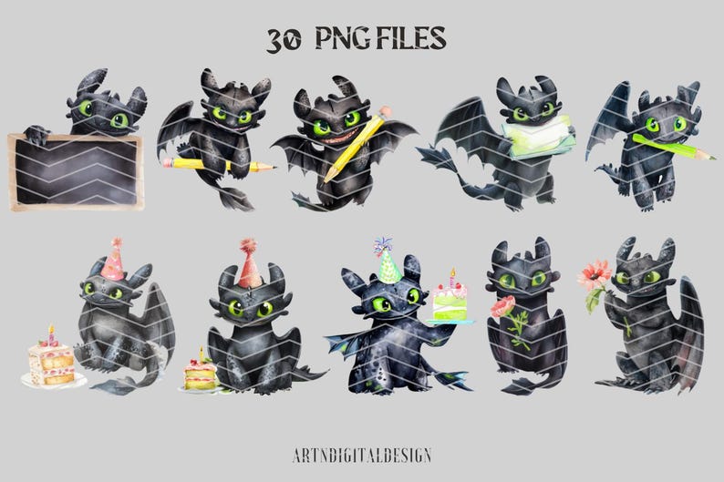 Watercolor Toothless PNG Clipart Bundle | Night Fury Clip Art | How to ...