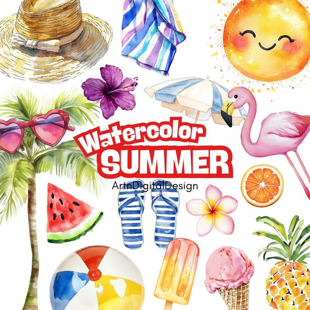 Watercolor Summer Clipart, Seasonal Clipart - Sun - Watermelon - Lawn ...