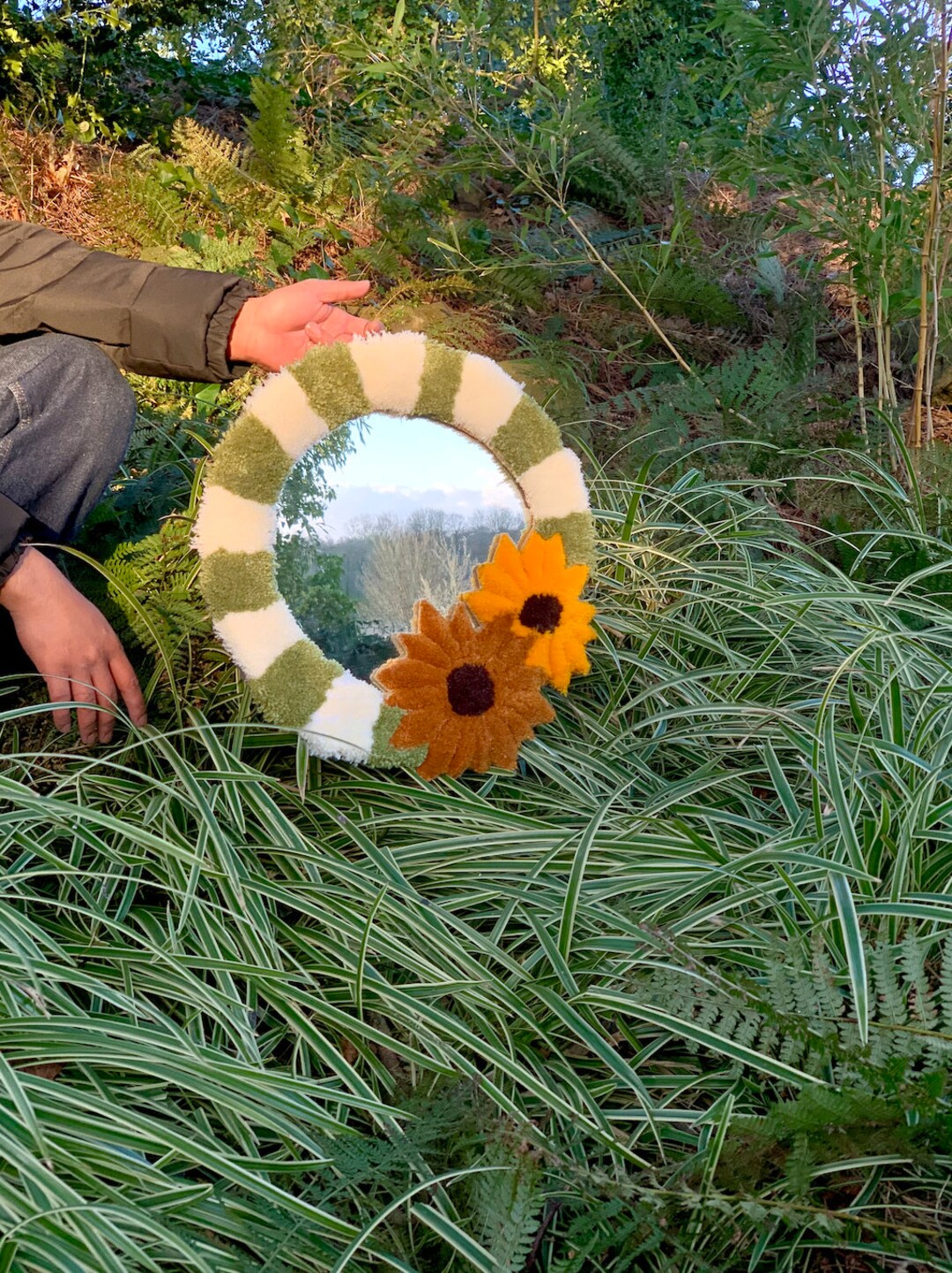 Nature Inspired Tufted Circular Mirror With Hand-carved Sunflower ...