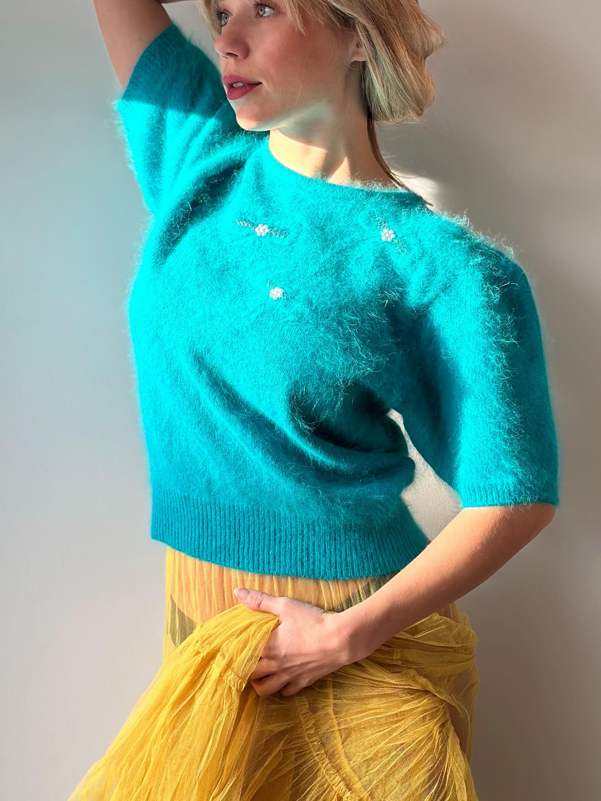 Vintage Fuzzy Angora Sweater in Turquoise Blue Color With Bow ...