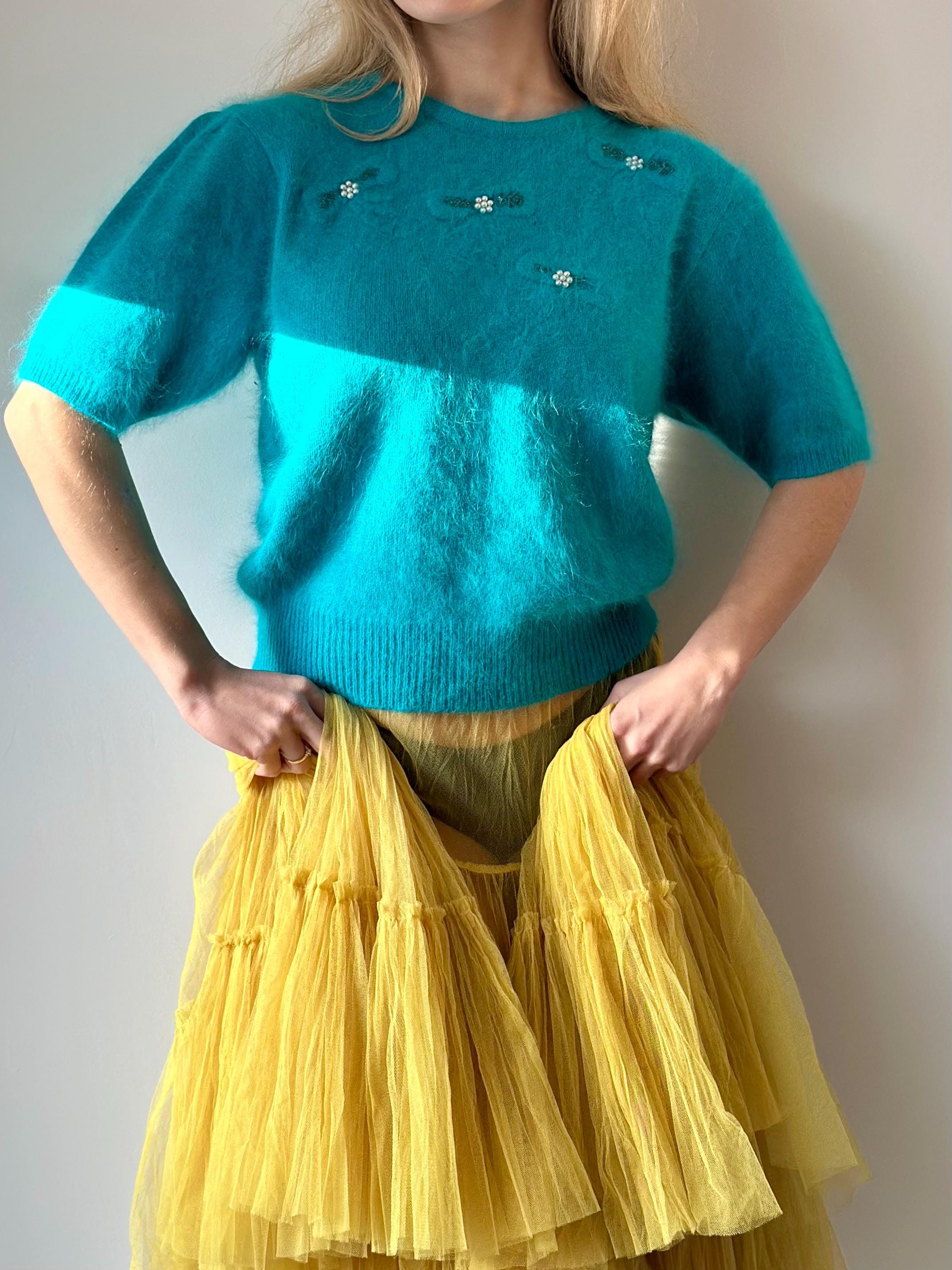 Vintage Fuzzy Angora Sweater in Turquoise Blue Color With Bow ...