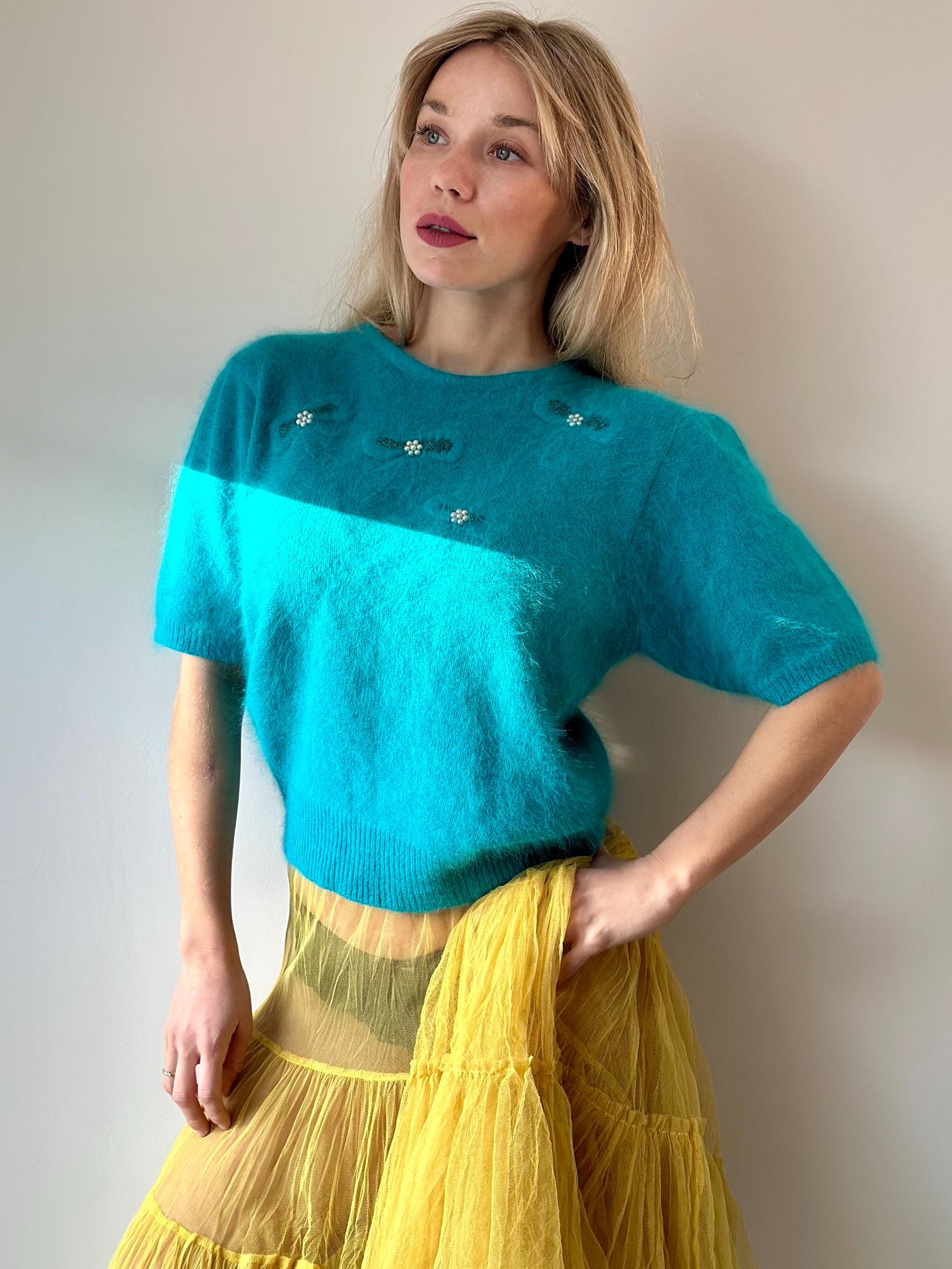 Vintage Fuzzy Angora Sweater in Turquoise Blue Color With Bow ...