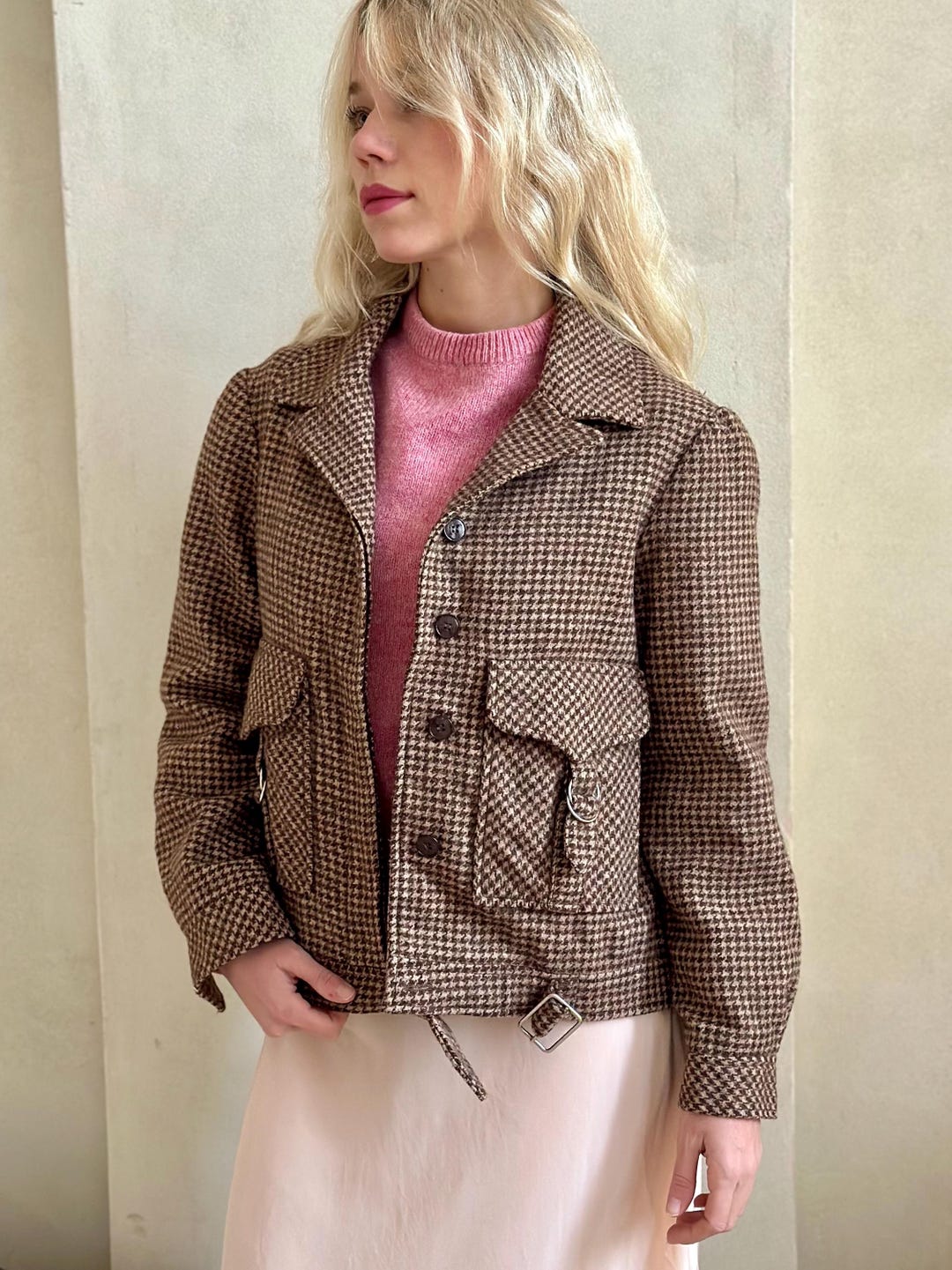Rare 1980s Wool Brown Jacket in Dogtooth Print by David Mac G Paris ...