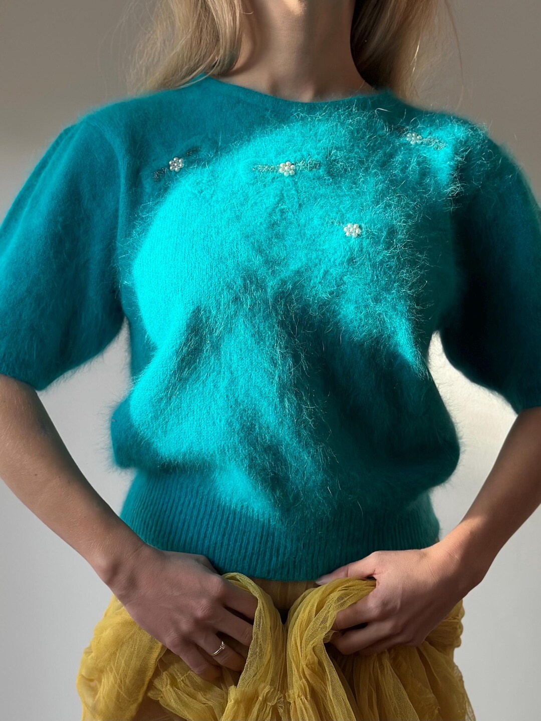 Vintage Fuzzy Angora Sweater in Turquoise Blue Color With Bow ...