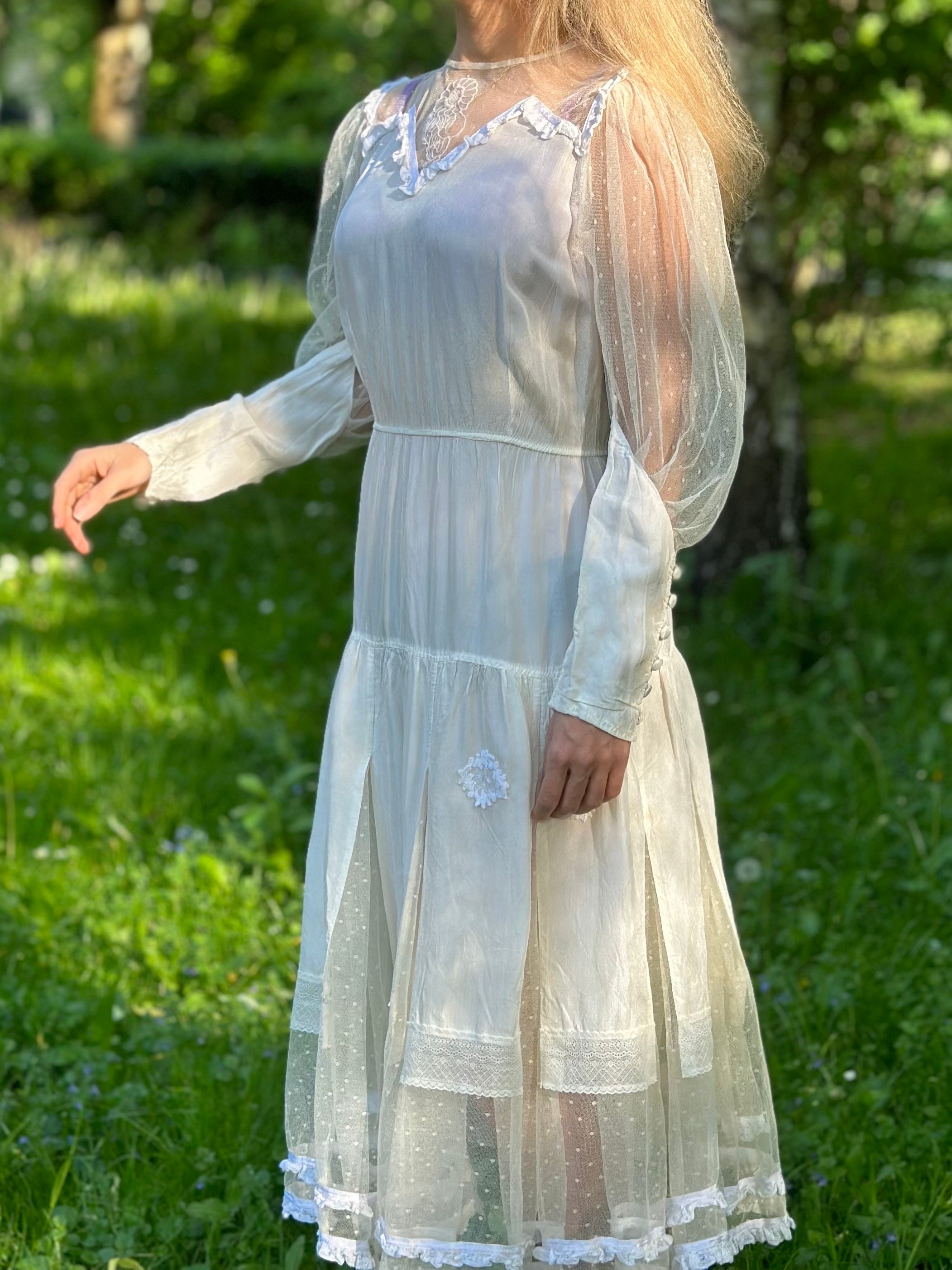 Rare Stunning Ivory Lace Prairie Dress With Puffy Sleeves Made of Mesh ...
