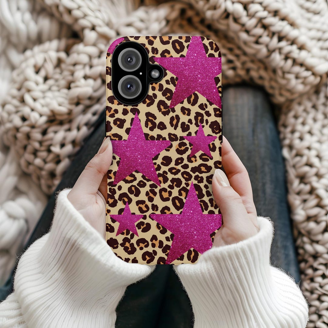 Cheetah Print With Pink Glitter Stars Phone Case, Trendy Protective ...