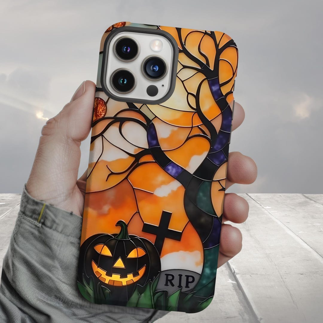Jack O Lantern Graveyard Art, Spooky Gothic Phone Cover, Stained Glass ...