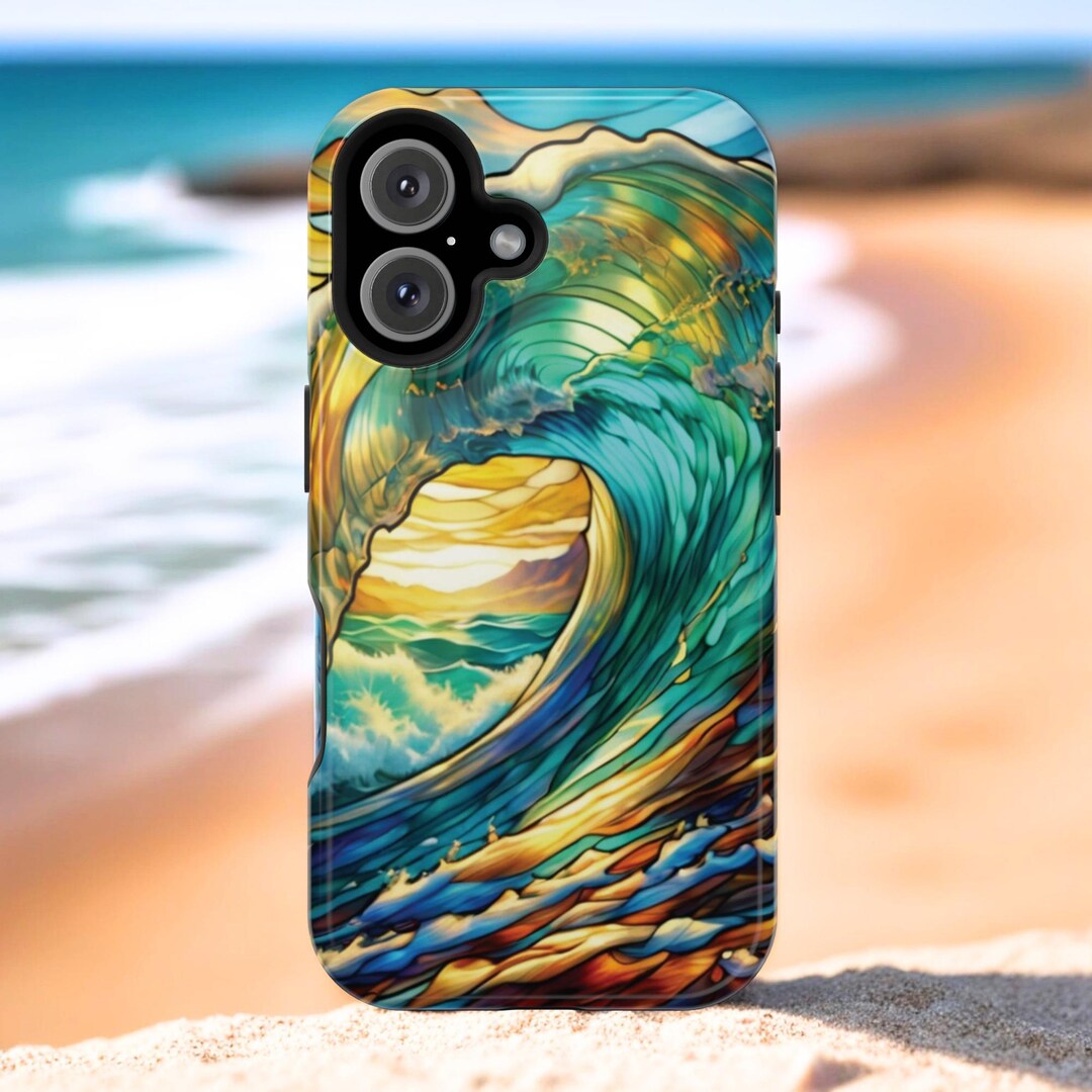 Faux Stained Glass iPhone 16 Case Ocean Wave Beach Theme | Unique ...