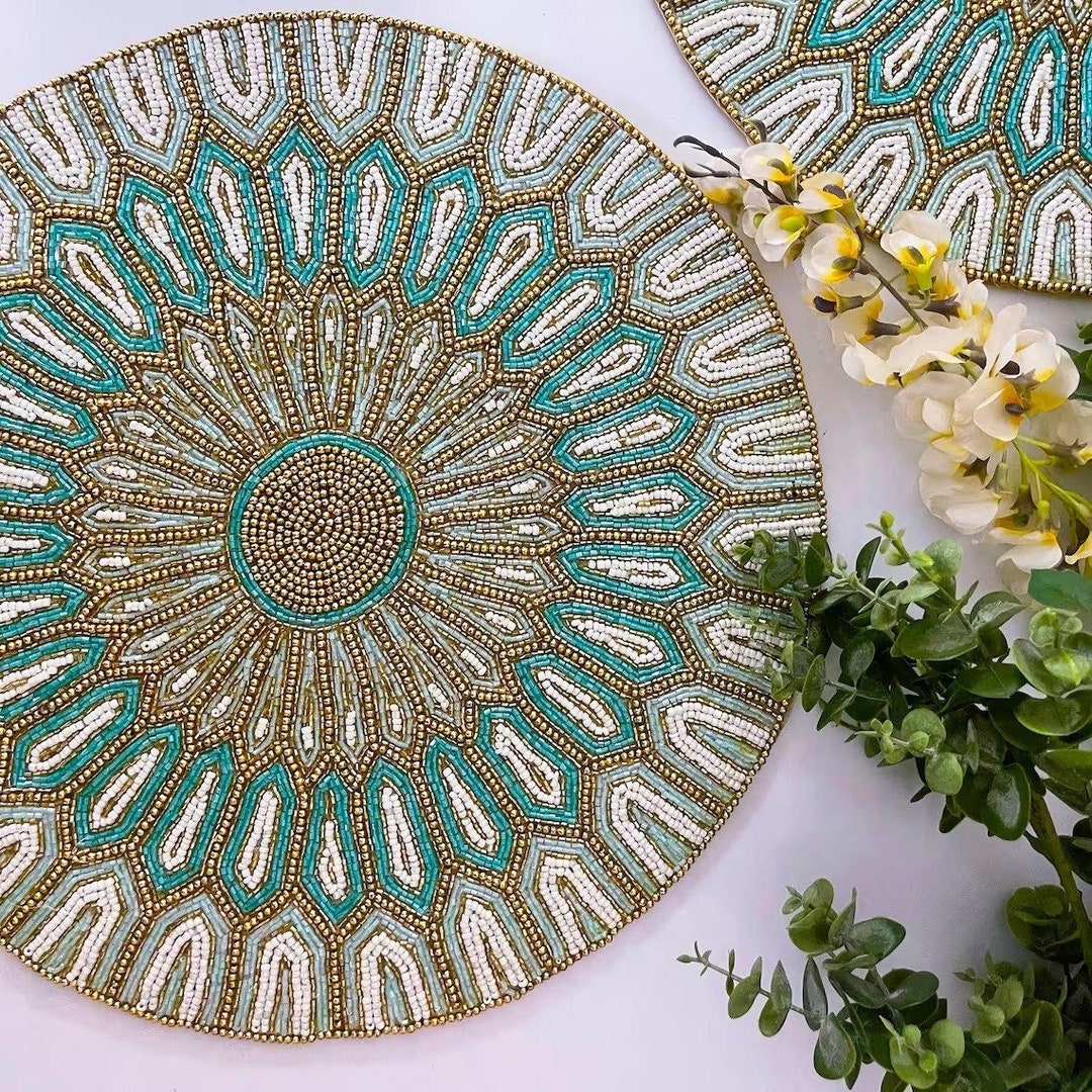 Teal Turquoise and Gold Beaded Placemats, Charger Plate Beaded Mat ...