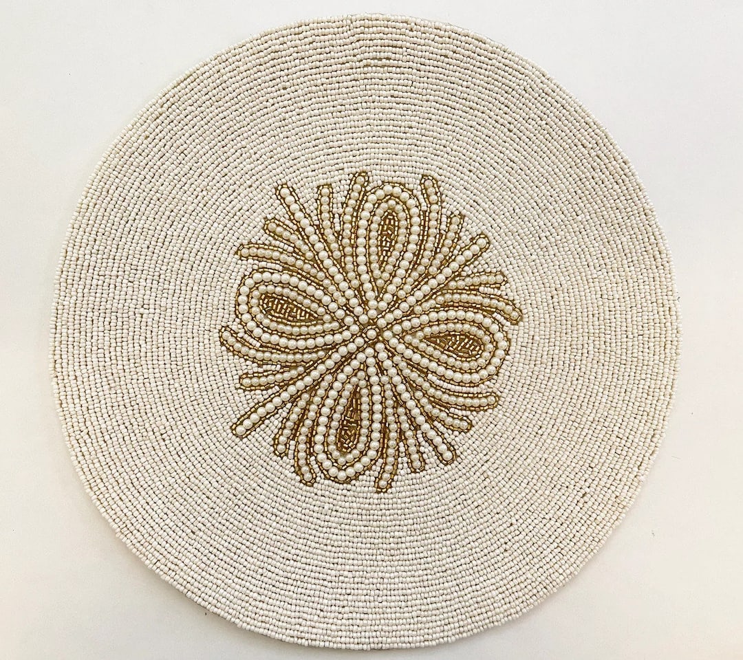 White and Gold Beaded Placemats, Charger Plate Beaded Mat, Living Room ...