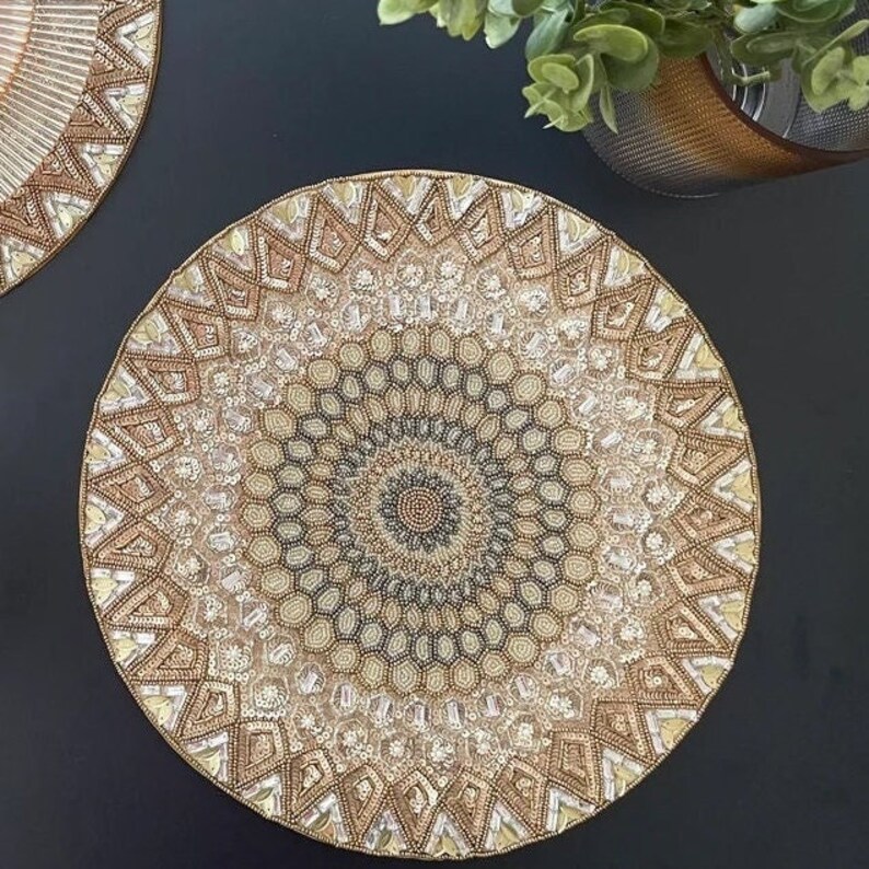 Gold Sequin and Beaded Placemats, Handmade Charger Plate Tablemat ...