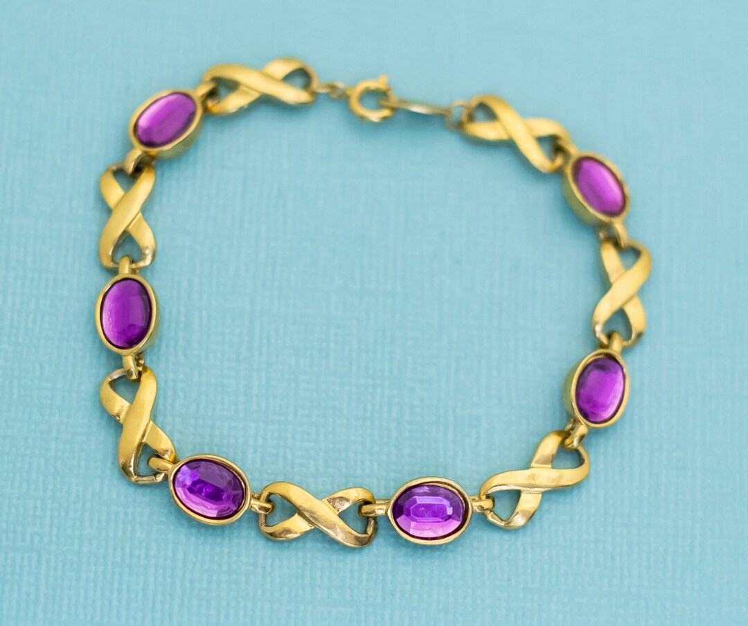 Vintage Gold Tone Infinity Symbol Art Deco Purple Faux Gems Bracelet 7 ...