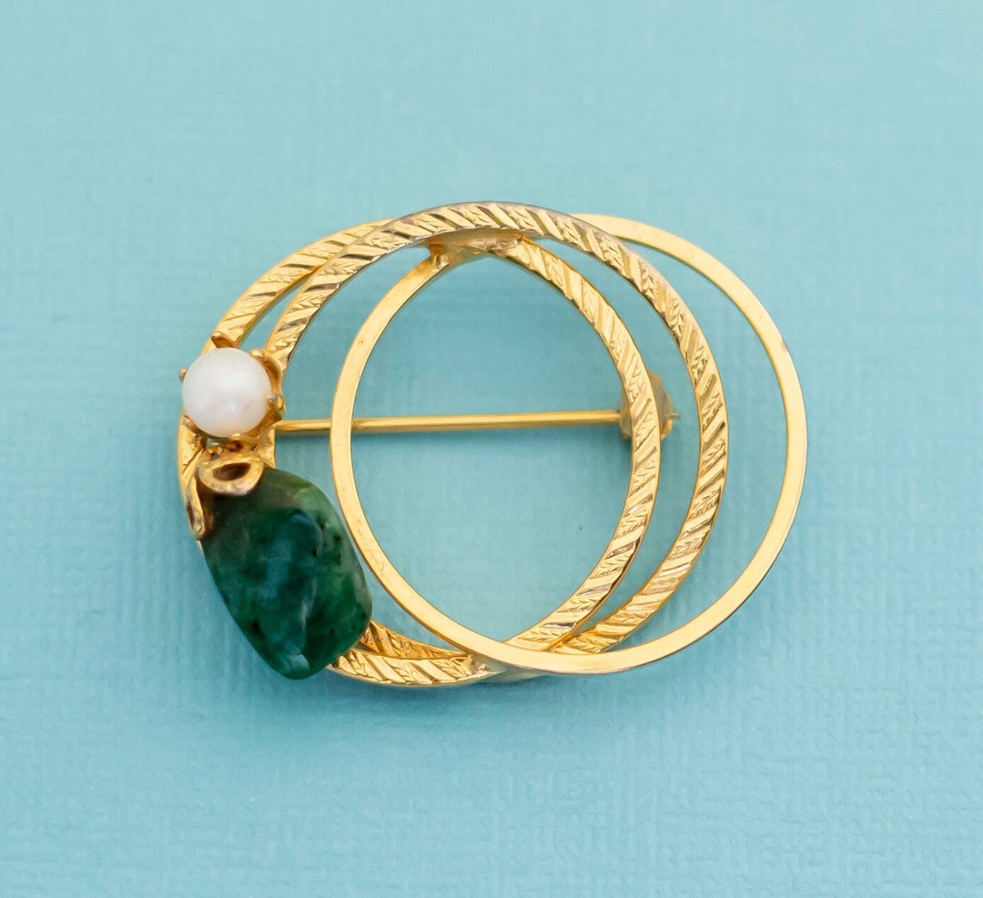 Vintage Gold Lunes | Emerald Green Rock Brooch E26 - Etsy