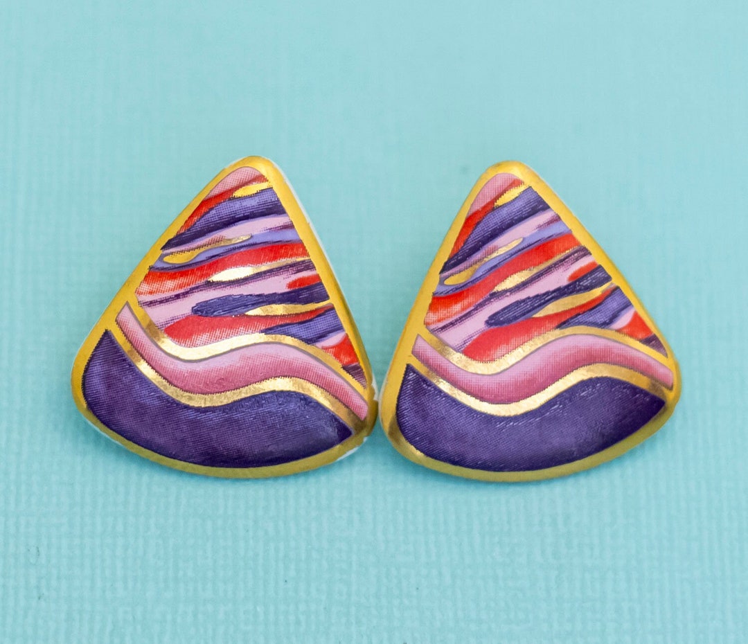 Vintage Dreamy Colorful Ceramic Triangle Stud Earrings by Avon - E33 - Etsy