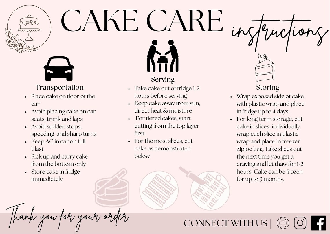 Cake Care & Cutting Instructions Card, CANVA Editable/customizable ...