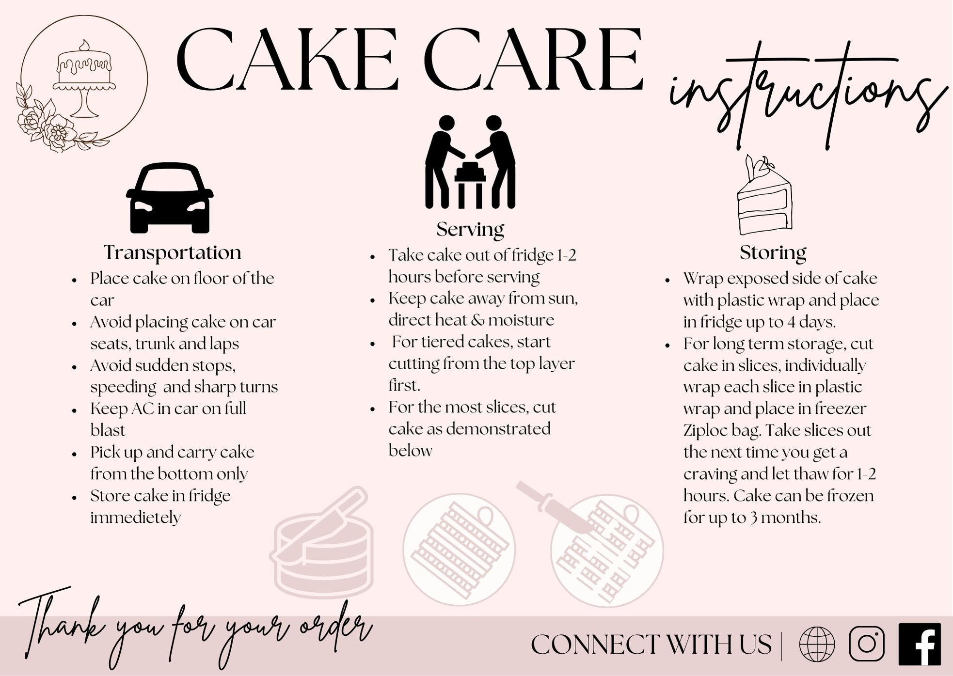 Cake Care & Cutting Instructions Card, CANVA Editable/customizable ...