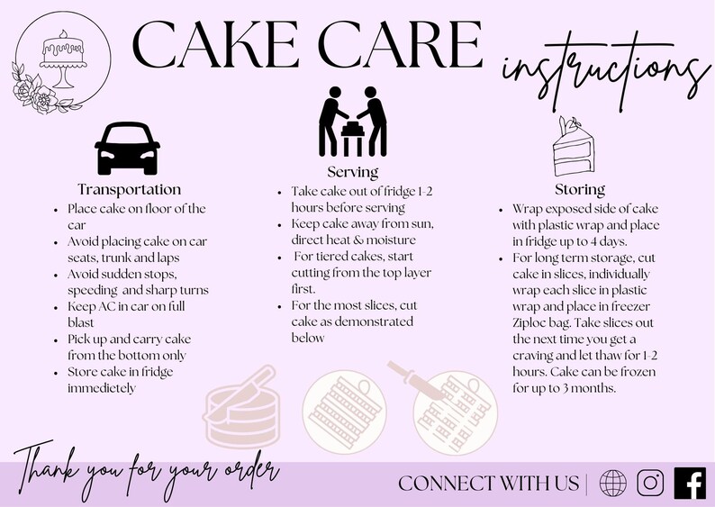 Cake Care & Cutting Instructions Card, CANVA Editable/customizable ...
