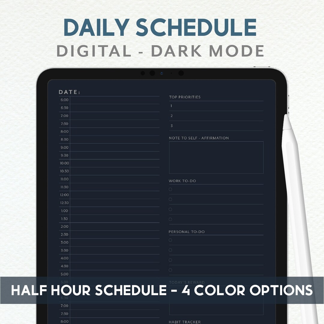 Daily Schedule Planner, Dark Mode Digital Planner, Daily Digital ...