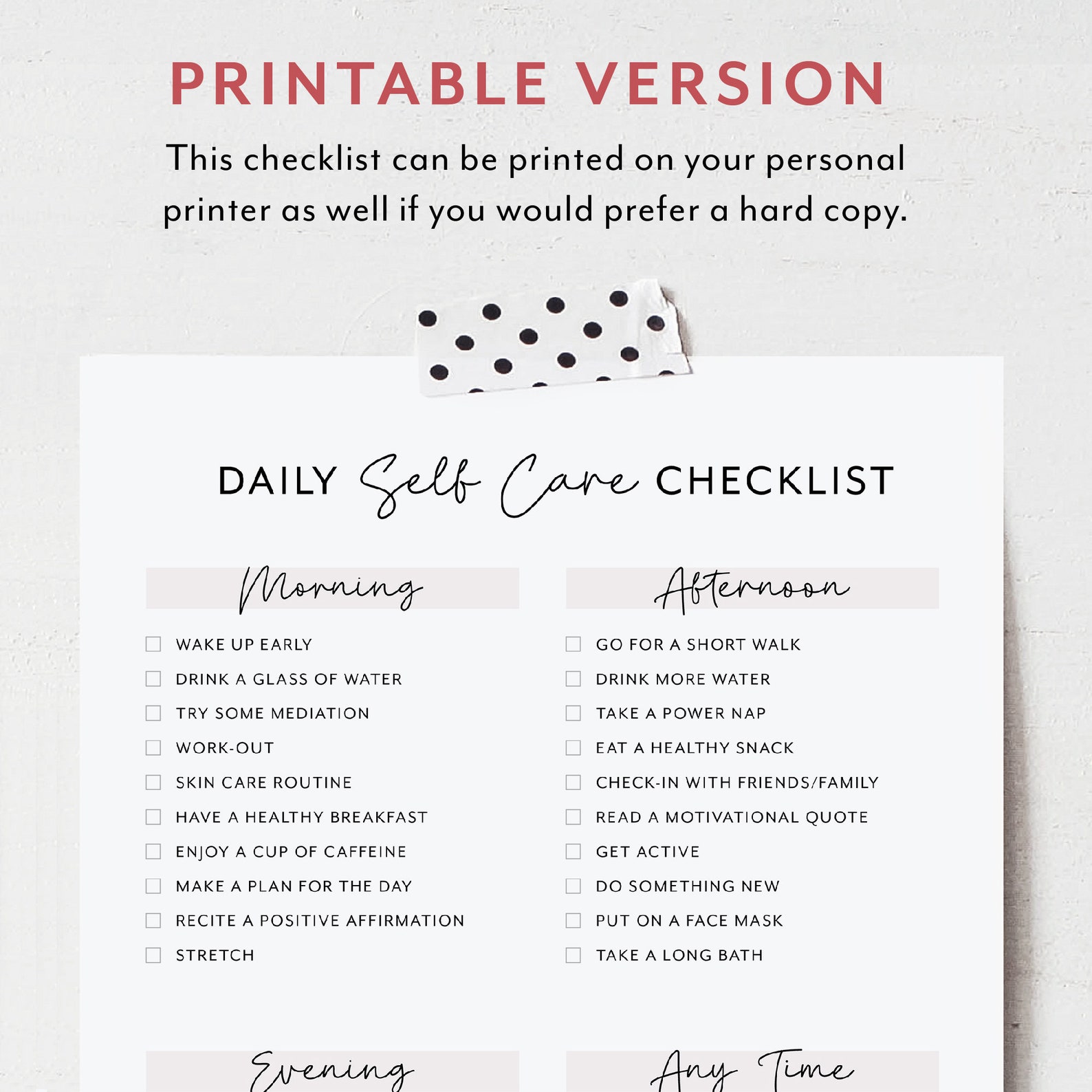 Self Care Checklist Printable, Self Care Routine, Self Care List, Daily ...