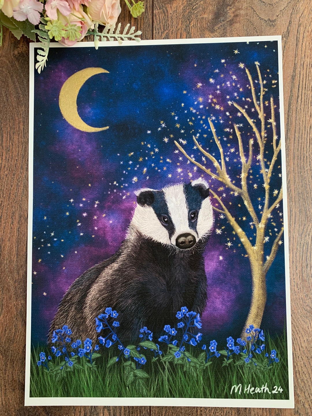Forget Me Not Moon Print,crescent Moon, Badger Art, Hand Finished With ...