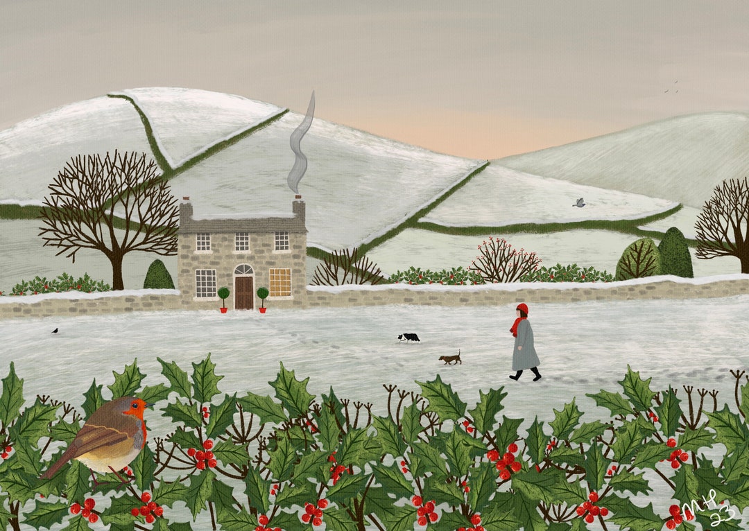 Morning Stroll ,robin , Dog, Winter Art, Cottage, Landscape,home Decor ...