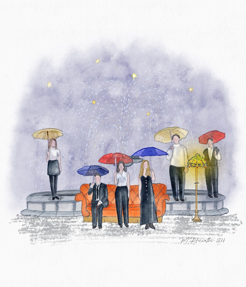 Friends TV Show Cast Fountain Sofa Wall Art Illustration. Monica ...