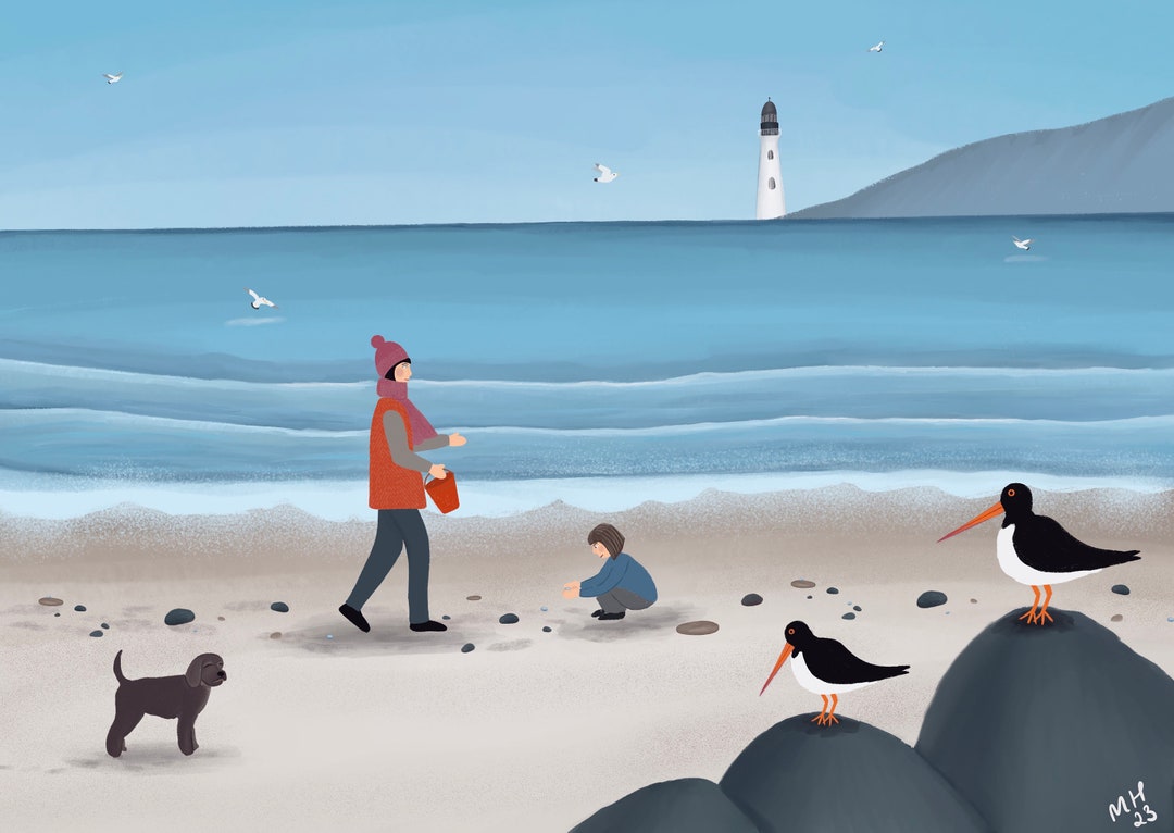 Beachcombing Searching for Sea Glass ,coastal, Seascape Art, Unframed ...