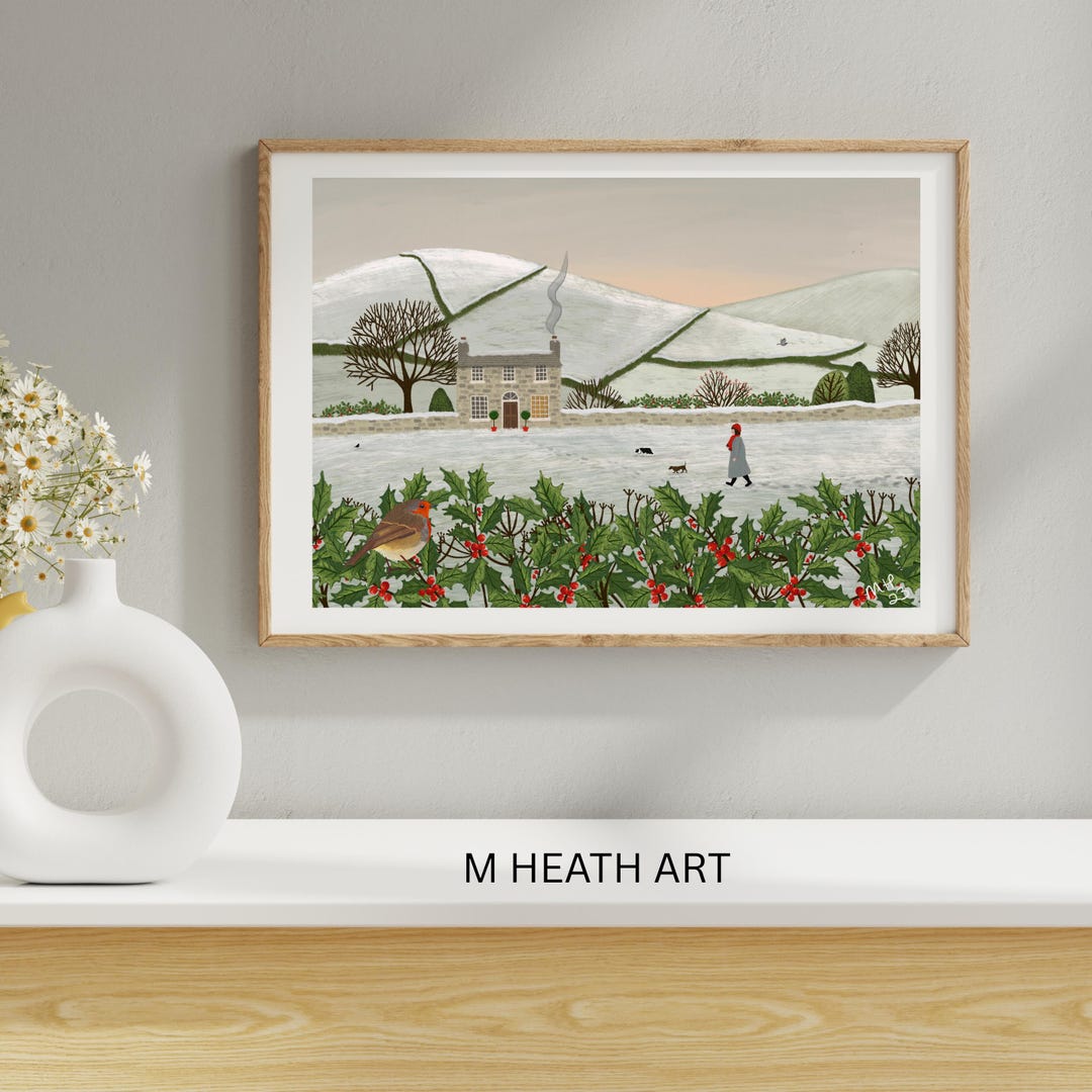 Morning Stroll ,robin , Dog, Winter Art, Cottage, Landscape,home Decor ...