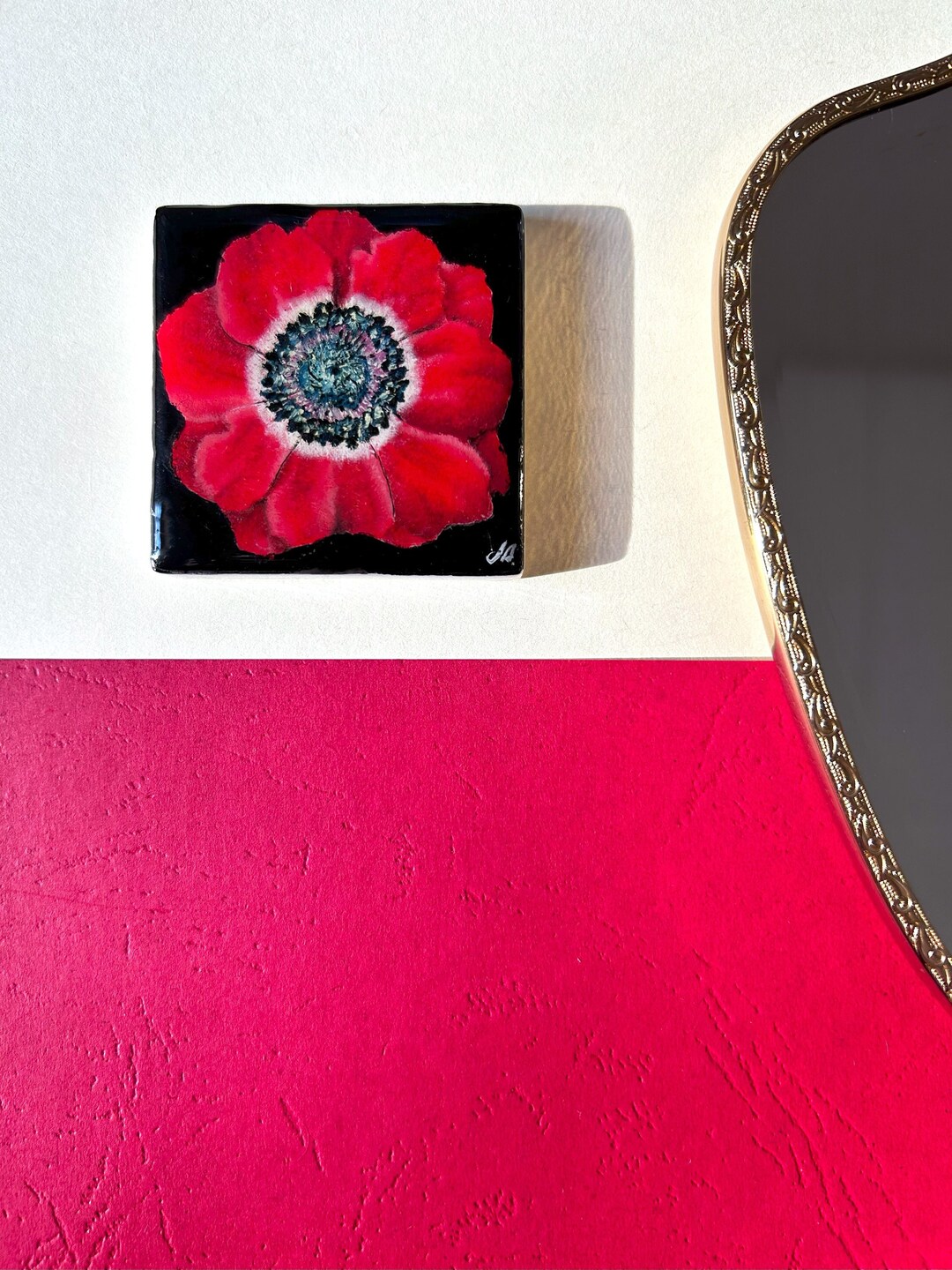 Square Ceramic Tile With Red Anemone Flower, Painted, Oil Painted ...