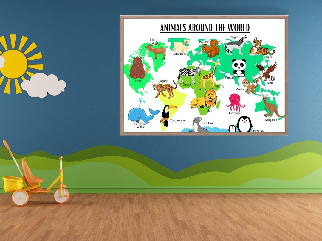 Animals Around the World Map/ BLANK Map (white or Blue) ESL Backdrop ...