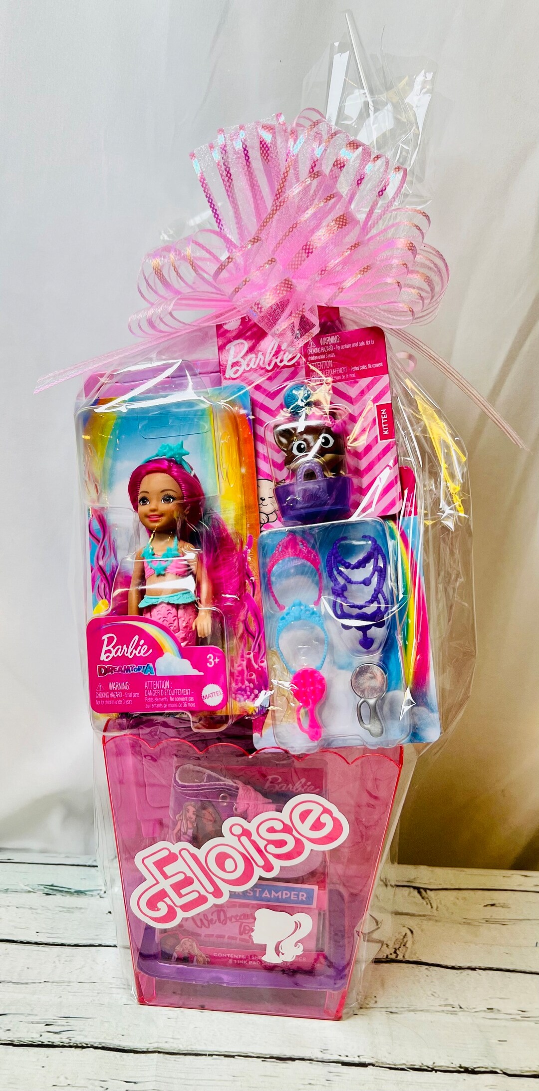 6 Piece Personalized Pink Doll Themed Gift Basket With Toys Mystery ...